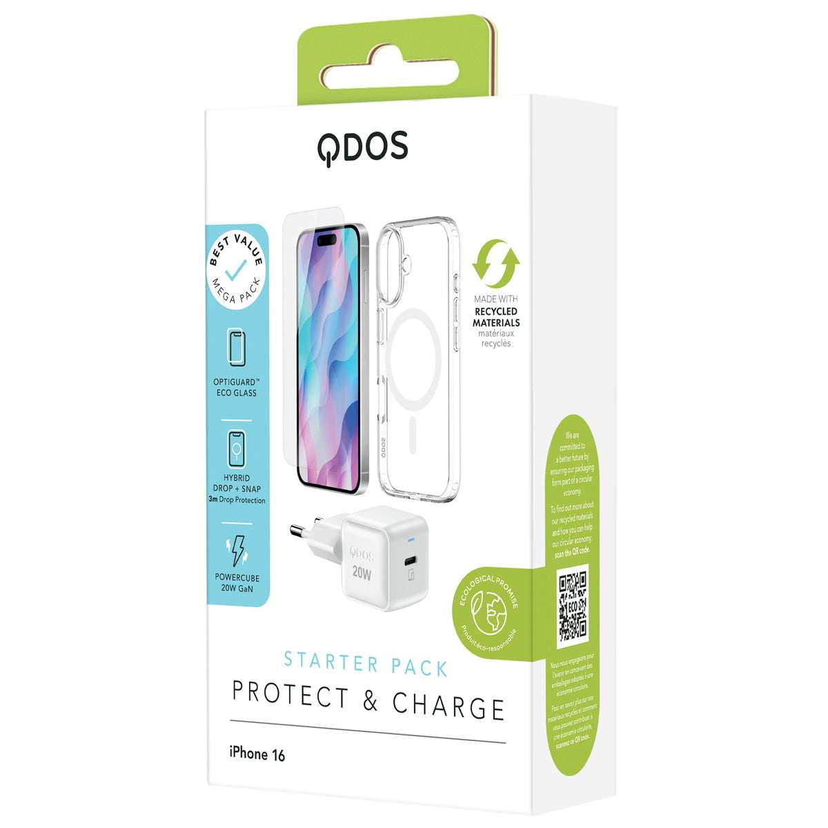 iPhone 16 STARTER PACK | Case 20W PD3.0 EU Charger & ECO Glass | QDOS